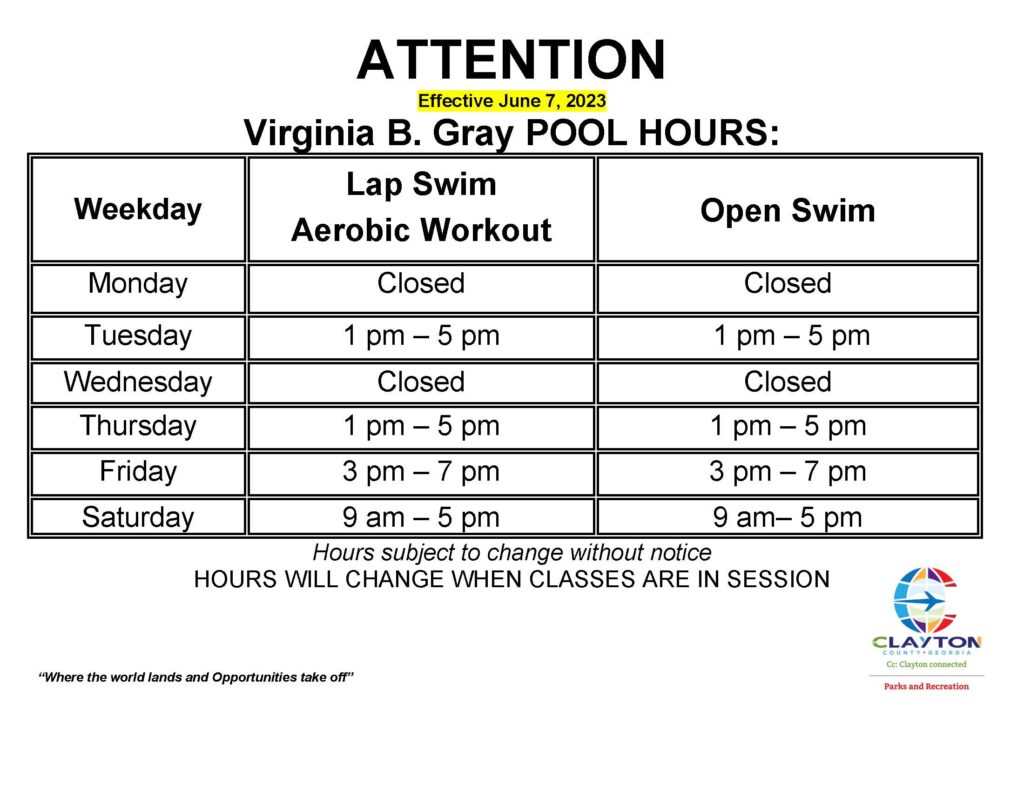 Pool Hours – Clayton County Parks