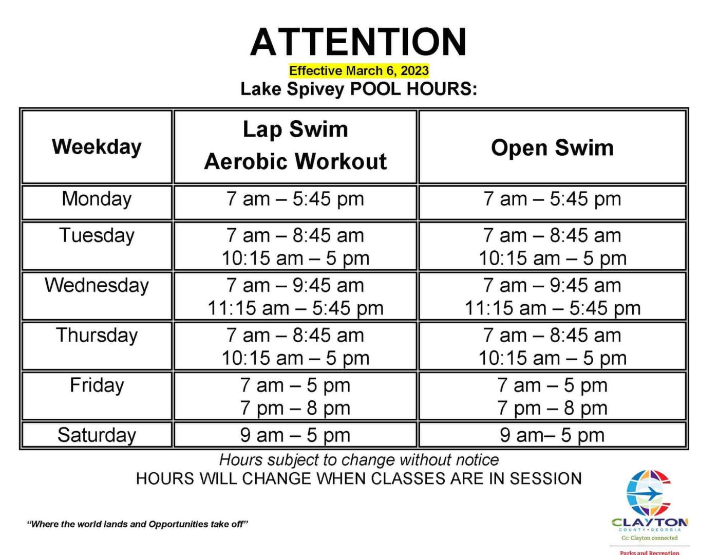 Pool Hours – Clayton County Parks