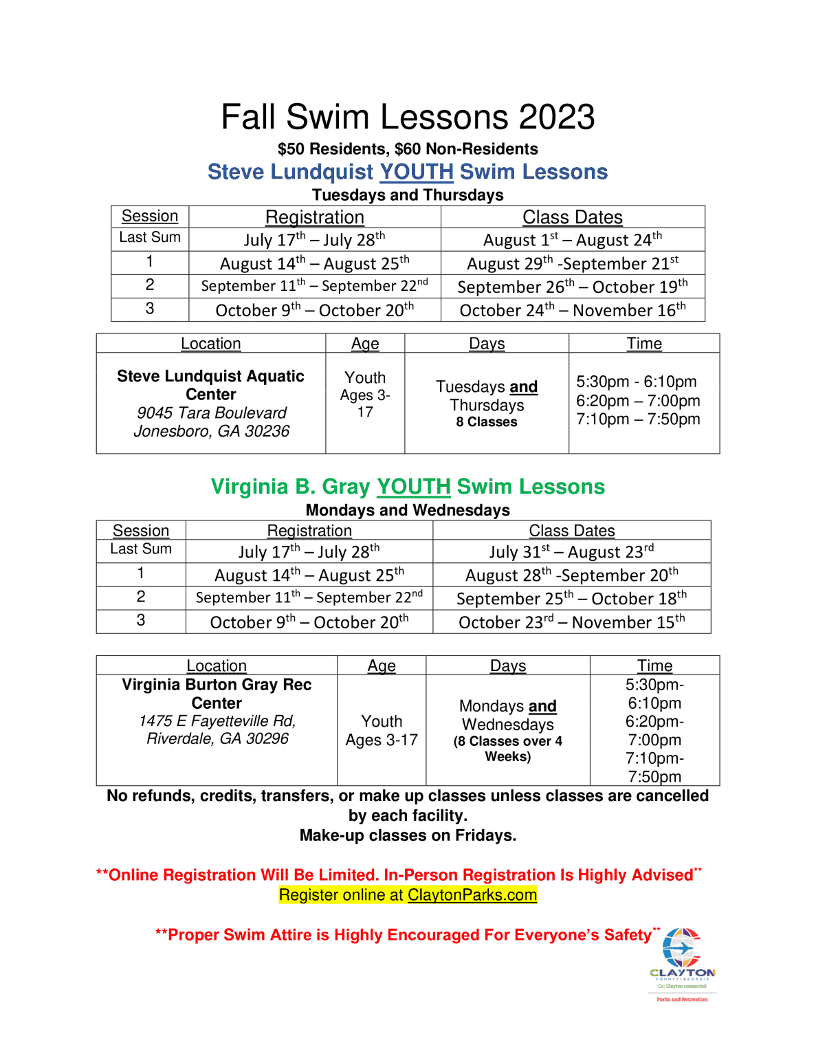 Swimming Lessons – Clayton County Parks