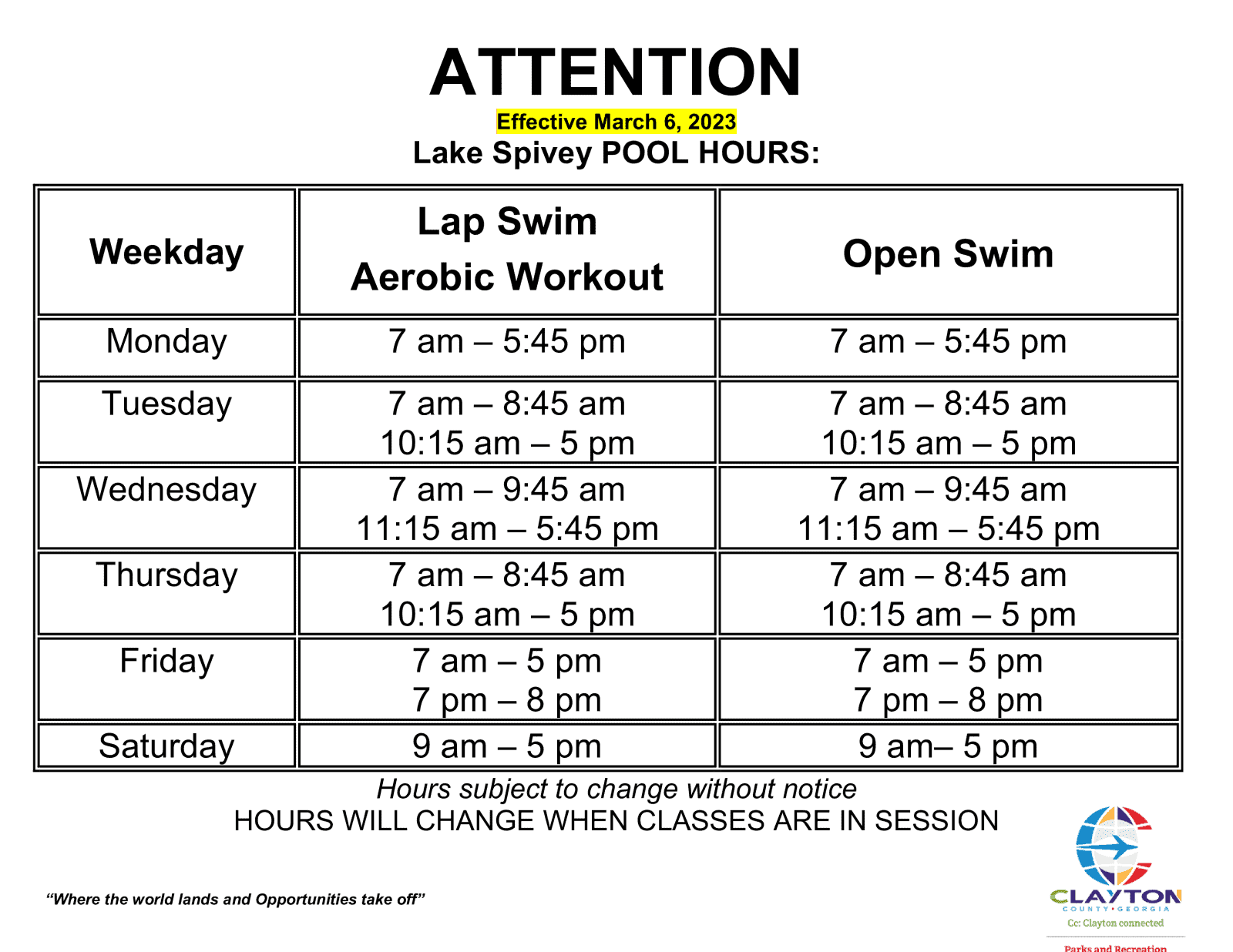 Pool Hours – Clayton County Parks
