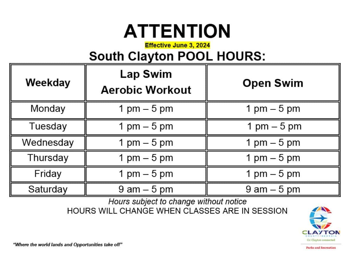 Pool Hours – Clayton County Parks