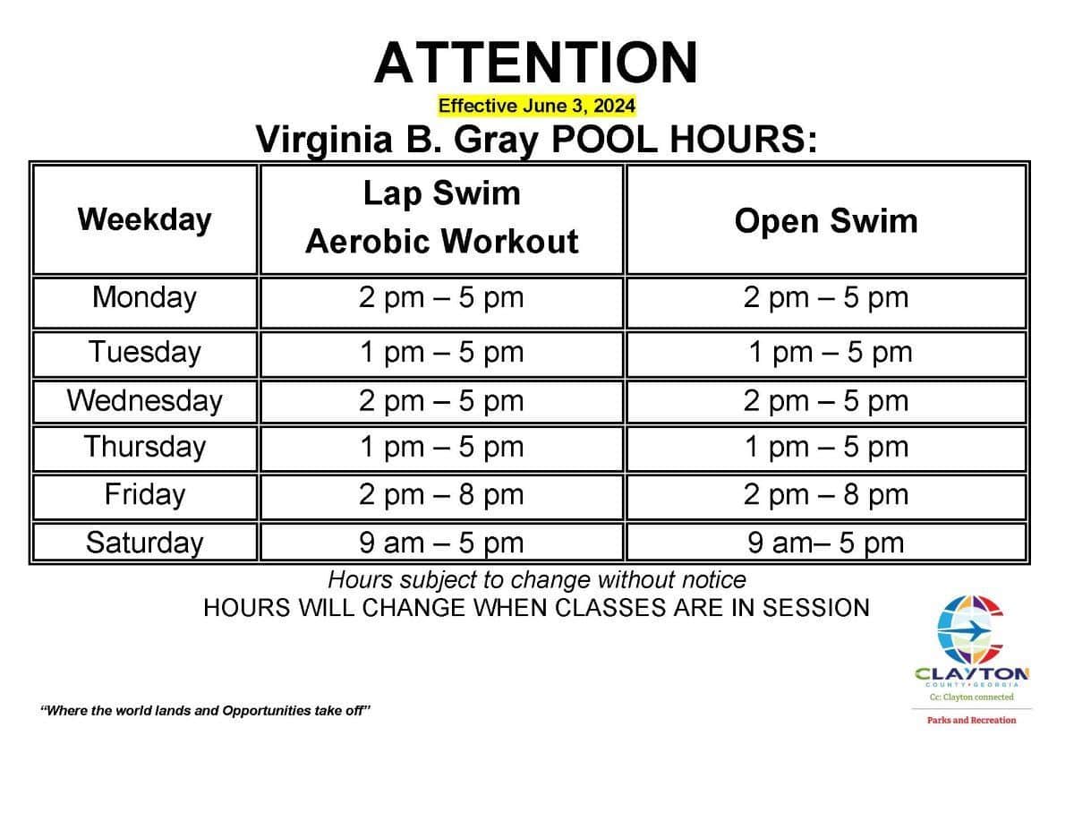 Pool Hours – Clayton County Parks