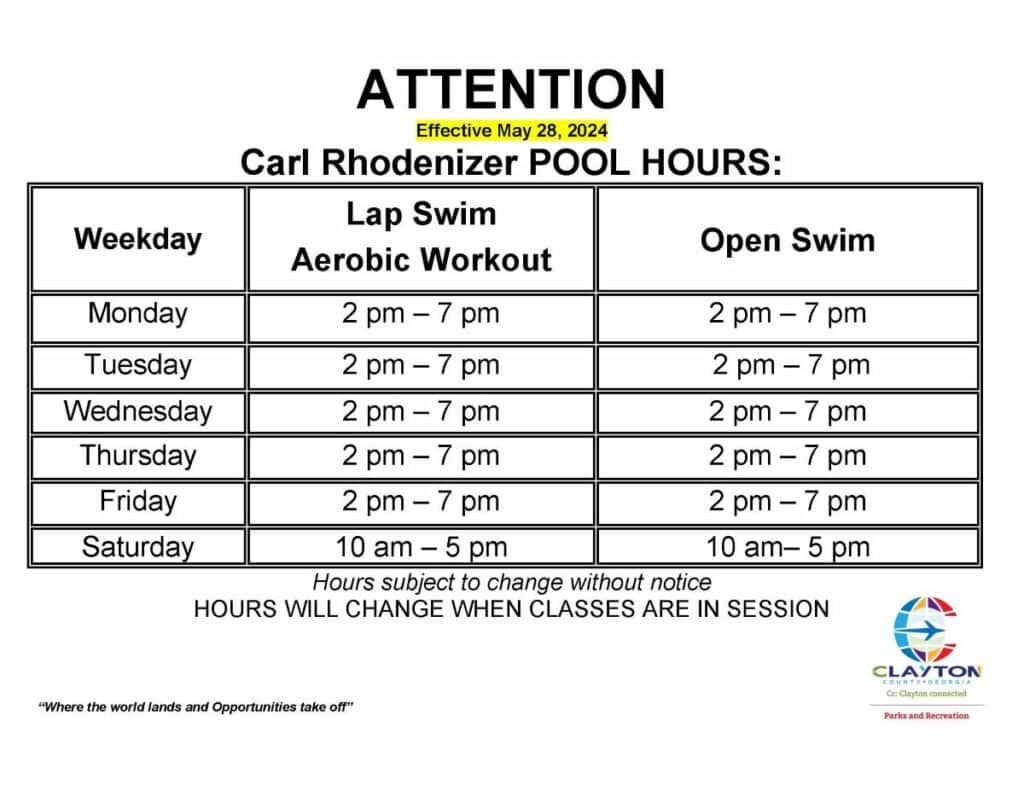 Pool Hours – Clayton County Parks